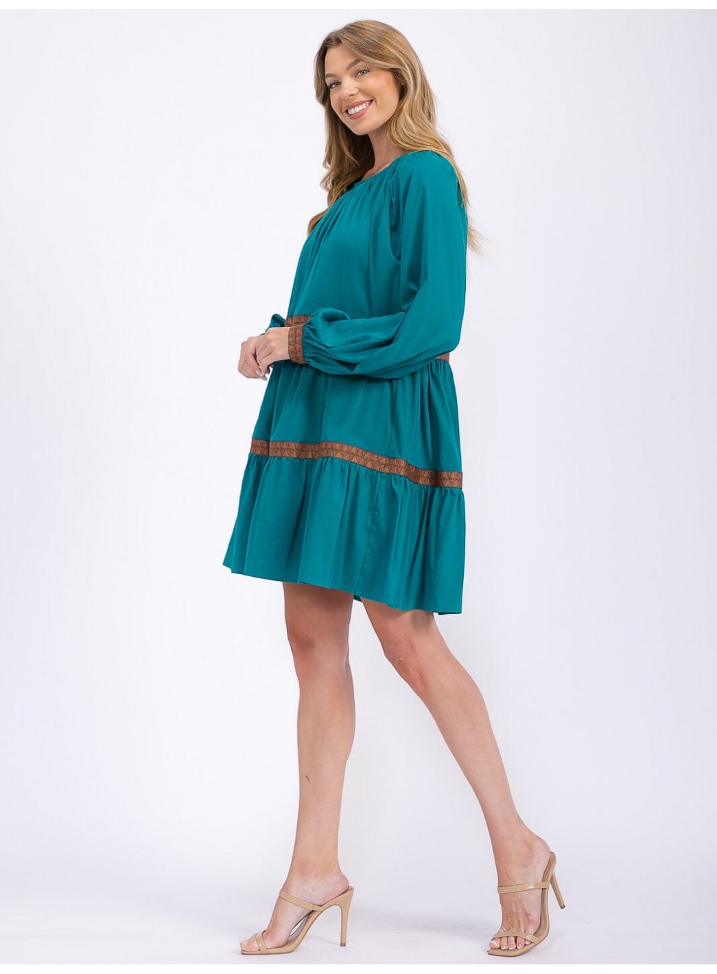 WOMEN'S LONG SLEEVE TRIM DETAILED TIERED MINI DRESS