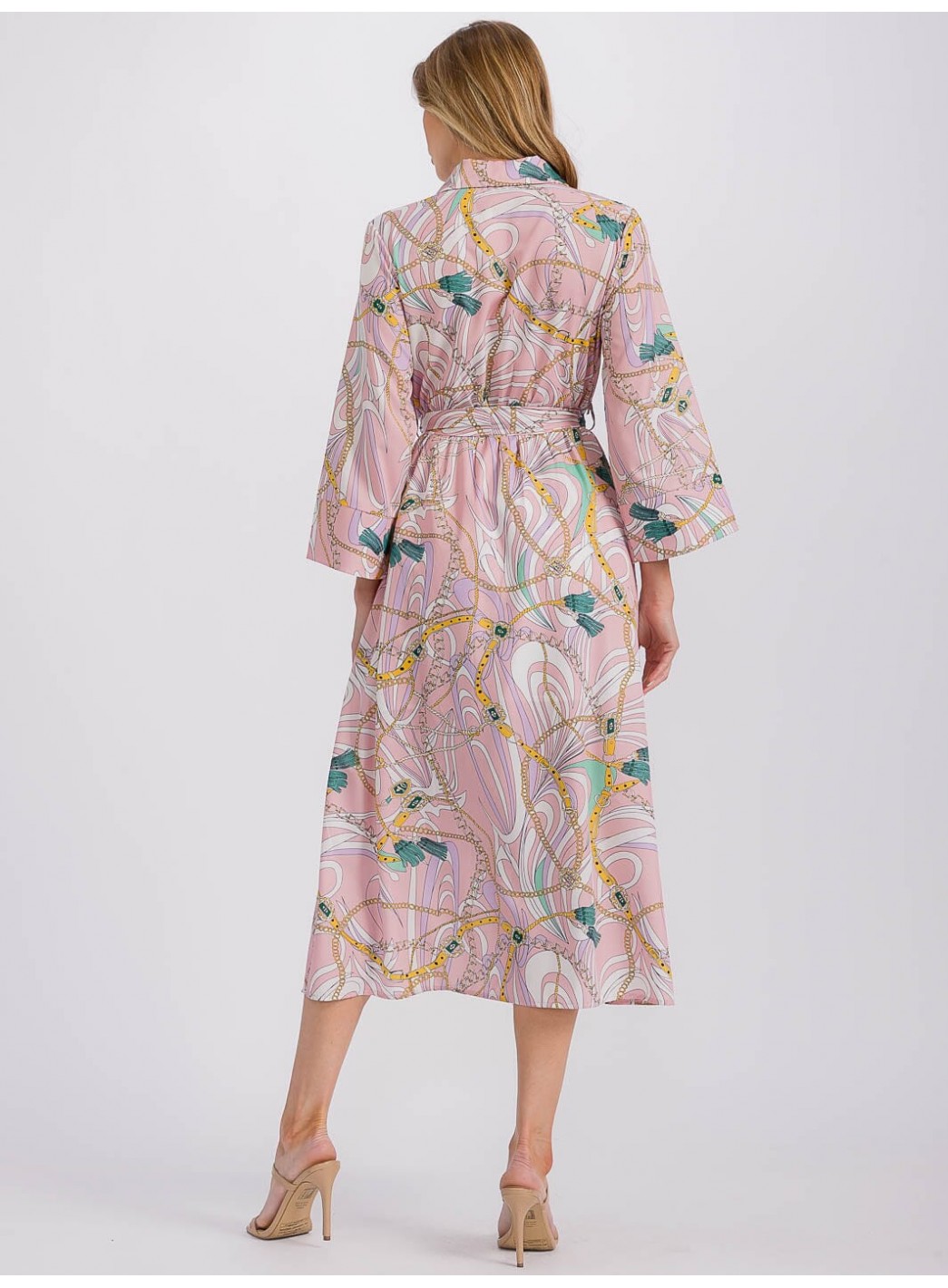 WOMEN'S LONG SLEEVE BUTTON CLOSURE SELF TIE PRINTED MIDI DRESS